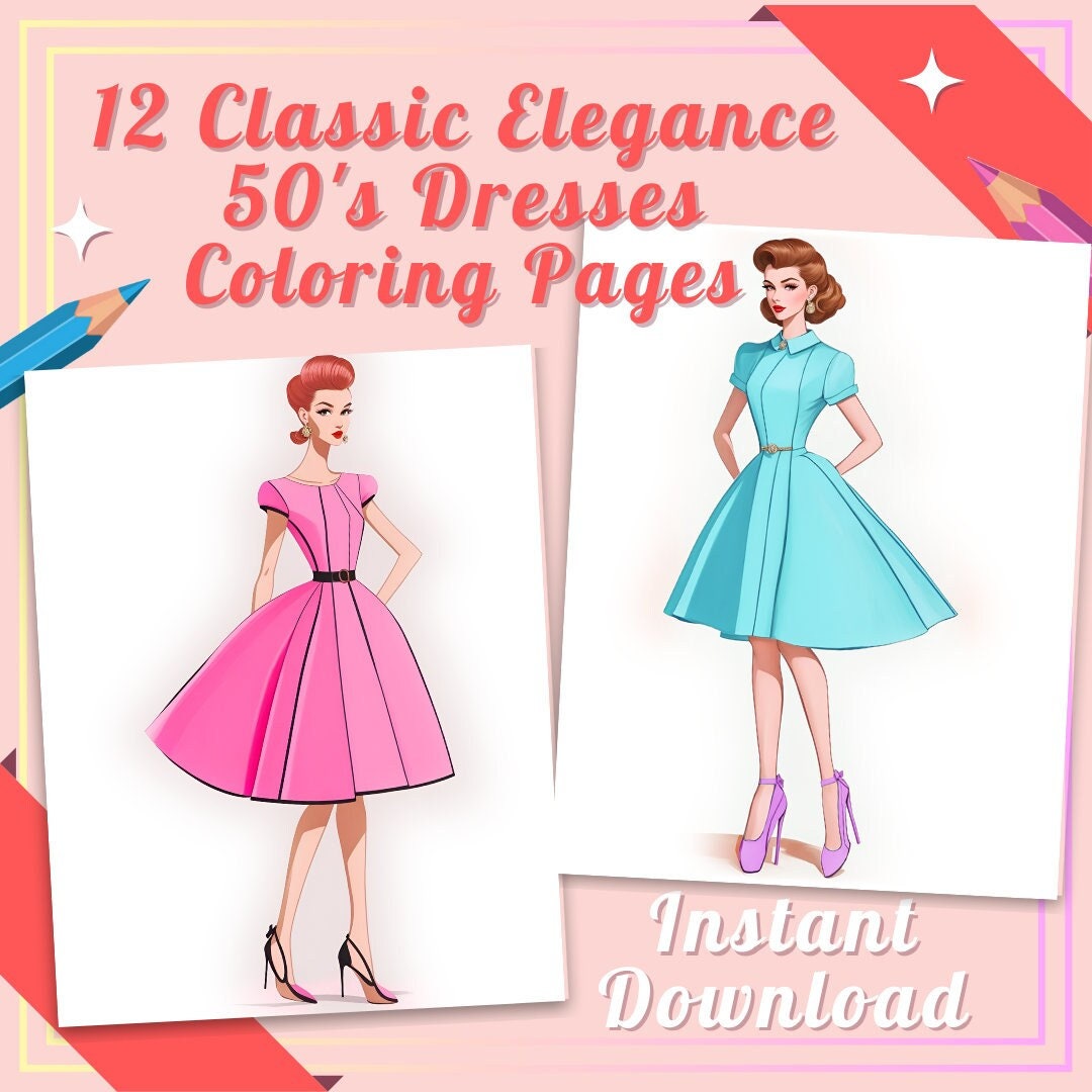 Vintage 1950s Dresses Fashion Coloring Book | 12 Stunning Pages | Adult ...