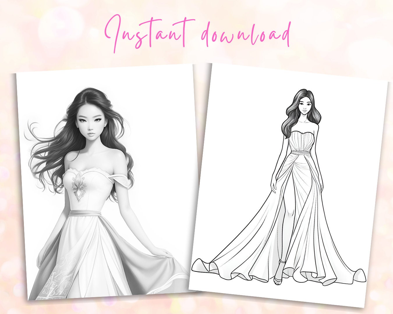 12 Asian Princess Coloring Pages, Adult Coloring Book, Princess Dresses ...