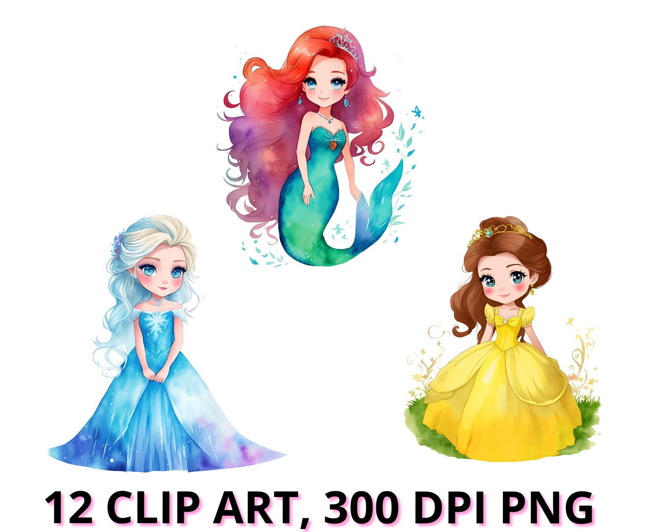 12 Watercolor Fairytale Princess Clipart, Girls Birthday Party ...