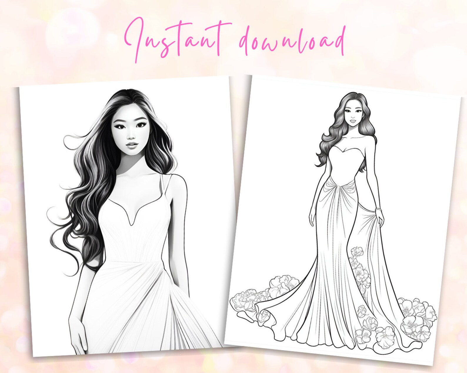 12 Asian Princess Coloring Pages, Adult Coloring Book, Princess Dresses ...