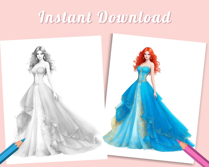 12 Princess Gowns Coloring Pages, Princess Fashion Illustrations ...