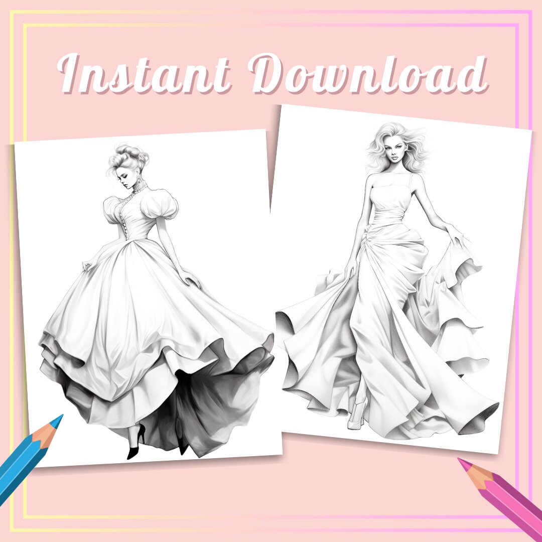 Glamour Evening Gowns Fashion Coloring Book | 12 Stunning Pages | Adult ...