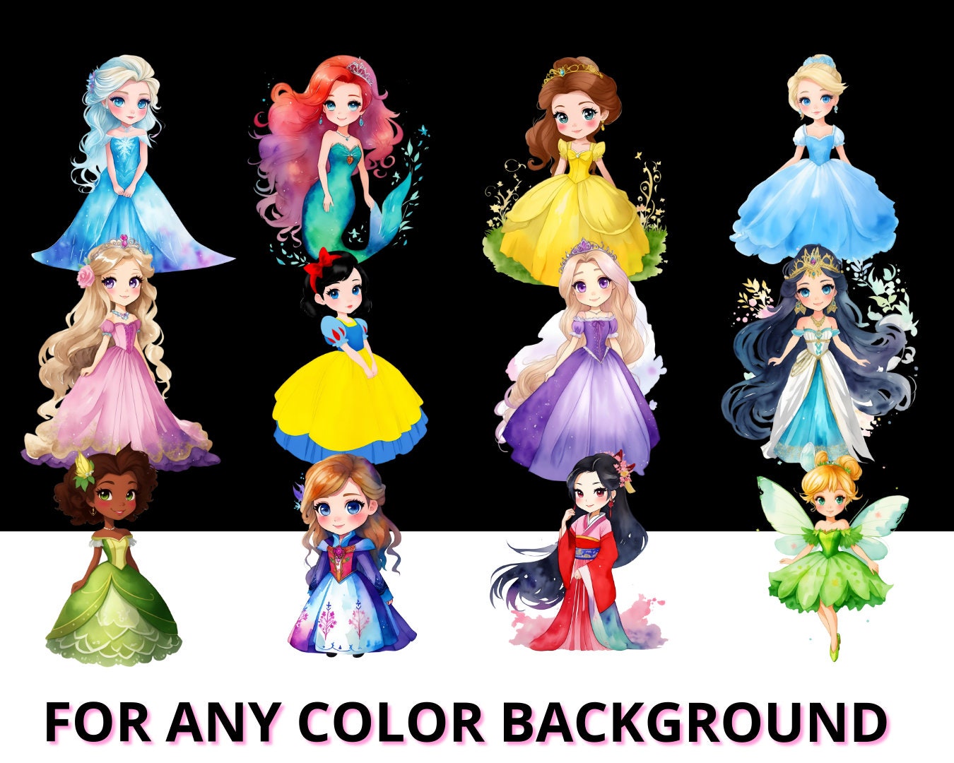 12 Watercolor Fairytale Princess Clipart, Girls Birthday Party ...