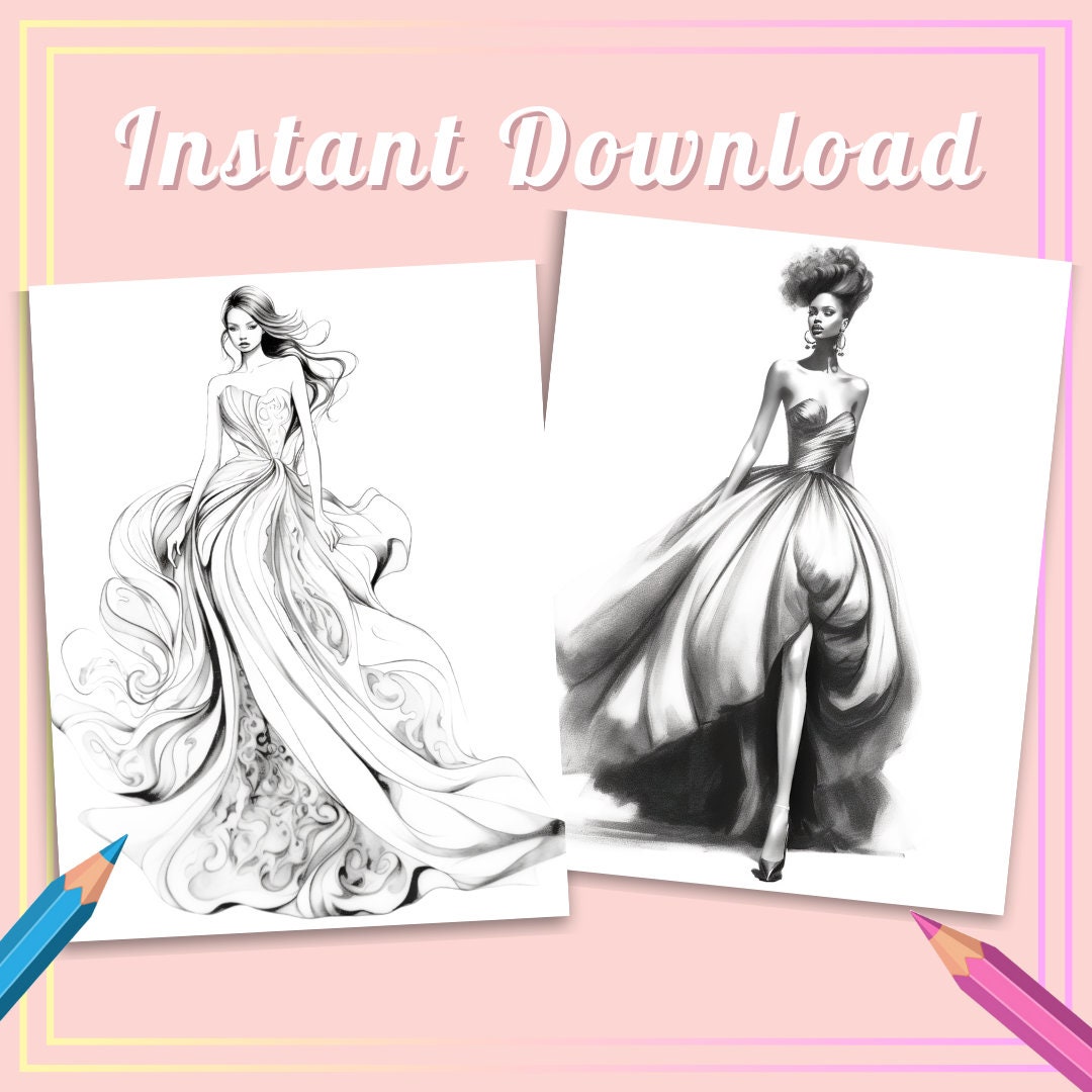 Glamour Evening Gowns Fashion Coloring Book | 12 Stunning Pages | Adult ...