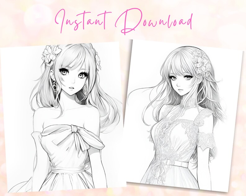 12 Kawaii Anime Coloring Pages, Cute Dresses, Adult Coloring Book ...
