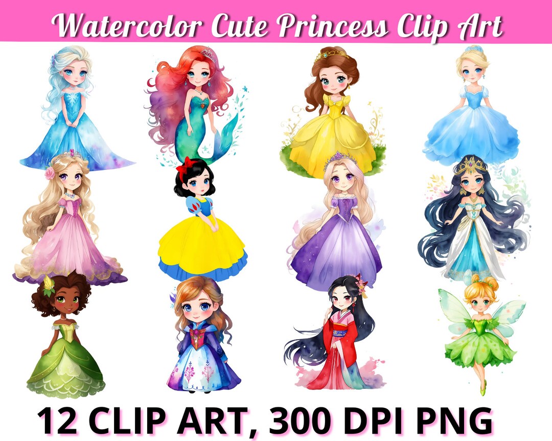 12 Watercolor Fairytale Princess Clipart, Girls Birthday Party ...