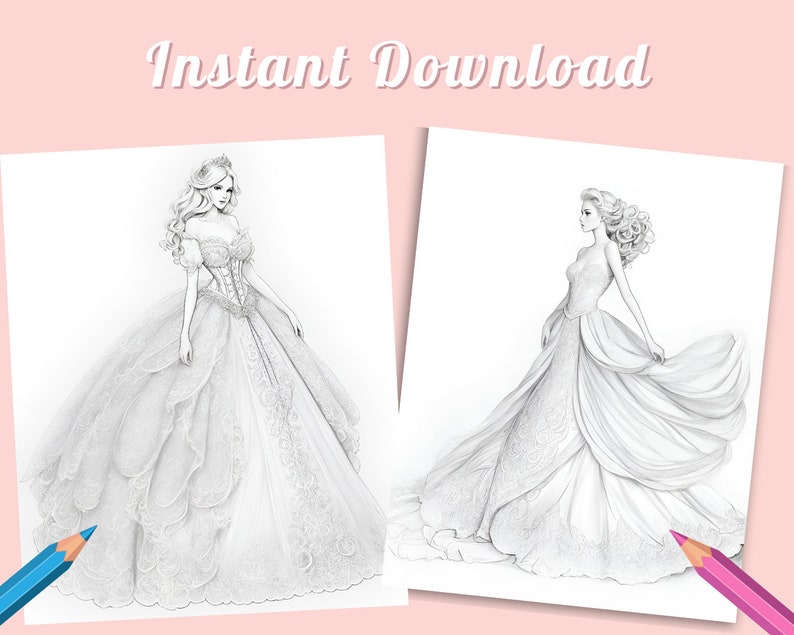 12 Princess Gowns Coloring Pages, Princess Fashion Illustrations ...
