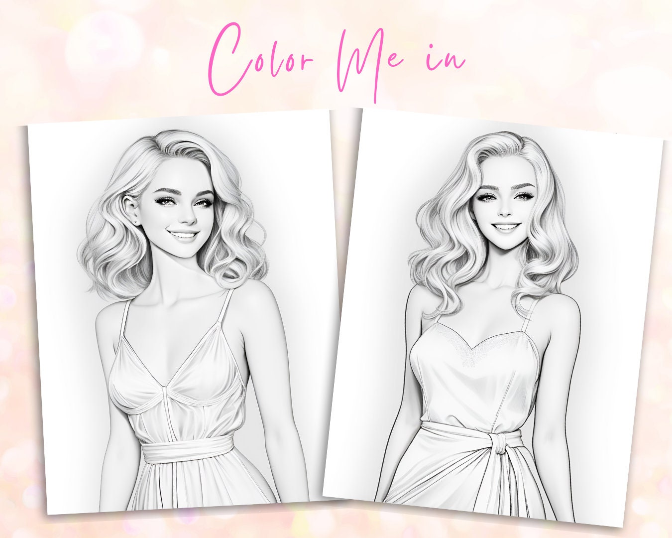 12 Vintage Pin-up Girls Fashion Coloring Pages, Adult Coloring Book ...