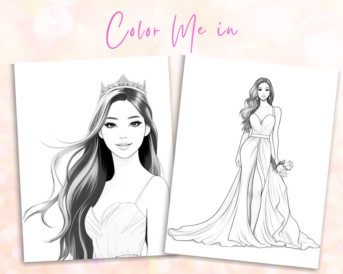 12 Asian Princess Coloring Pages, Adult Coloring Book, Princess Dresses ...