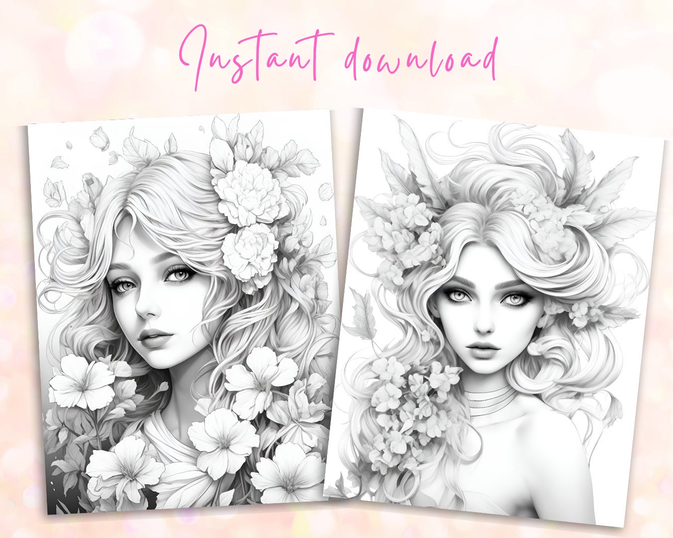 12 Flower Fairy Coloring Pages, Coloring Book for Adults, Fantasy ...