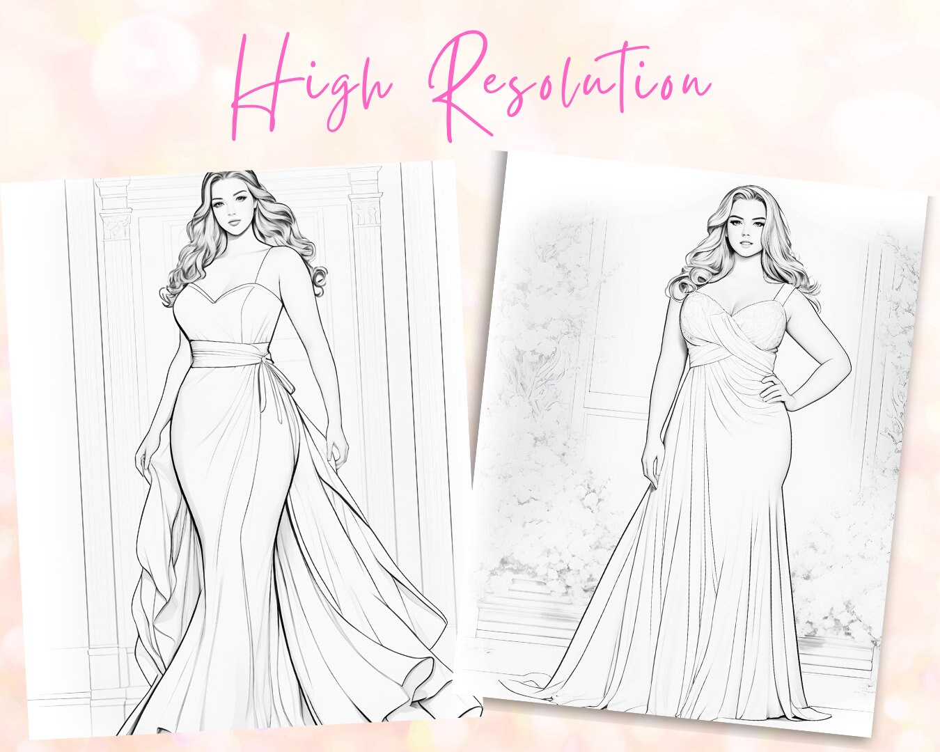 12 Glamorous Curvy Fashion Coloring Pages, Adult Coloring Book, Body ...