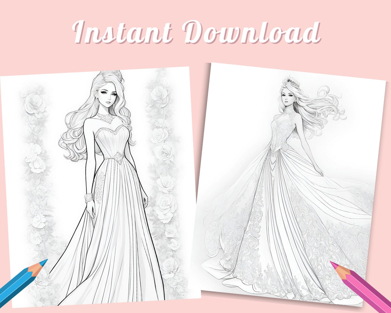 12 Princess Gowns Coloring Pages, Princess Fashion Illustrations ...