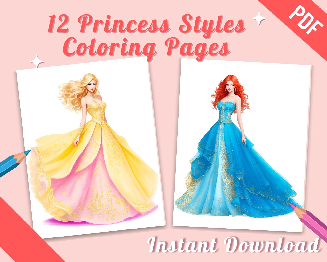 12 Princess Gowns Coloring Pages, Princess Fashion Illustrations ...