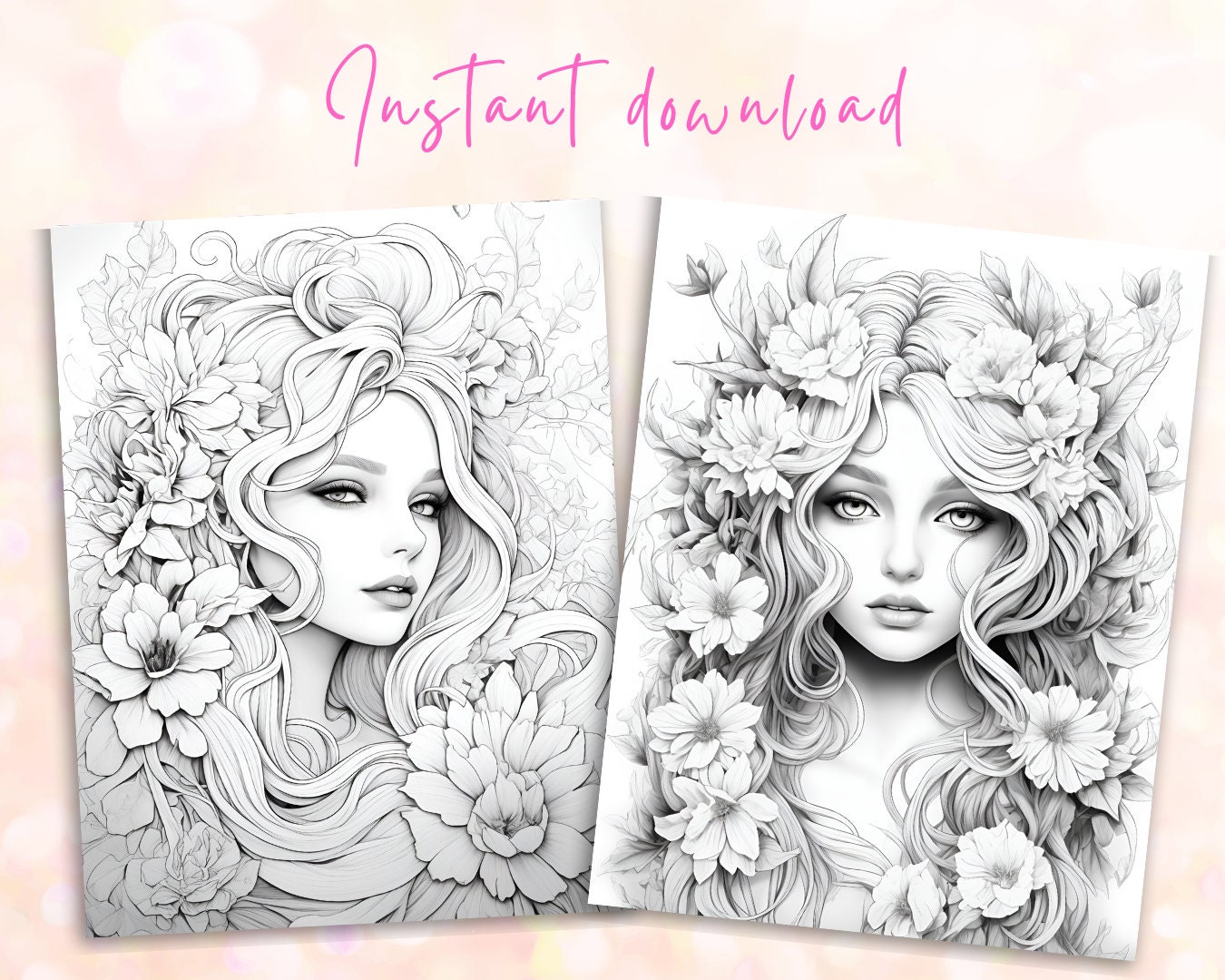12 Flower Fairy Coloring Pages, Coloring Book for Adults, Fantasy ...