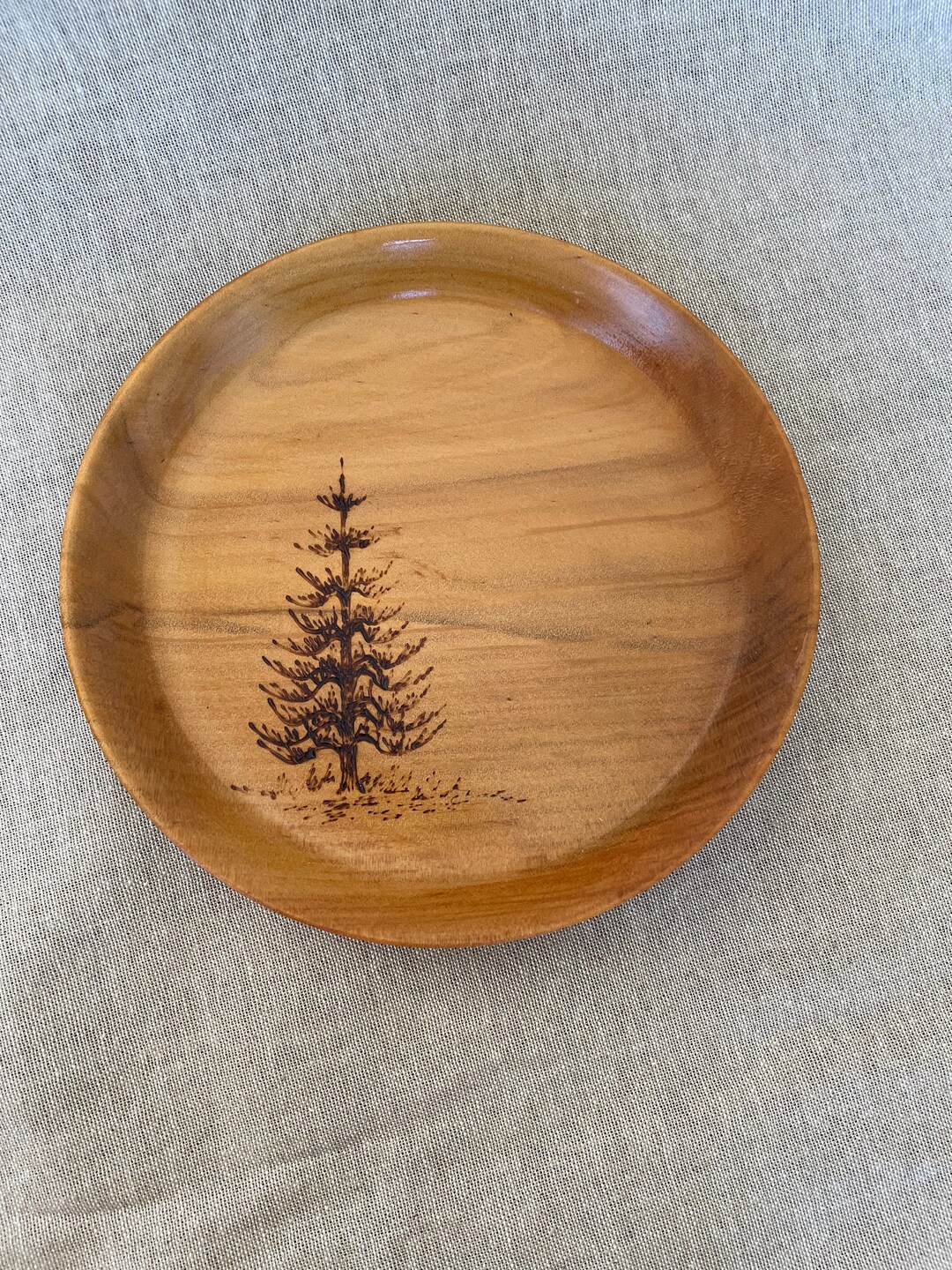 Vintage Turned Wood Plate With Pine Tree Pyrography Image - Artist ...