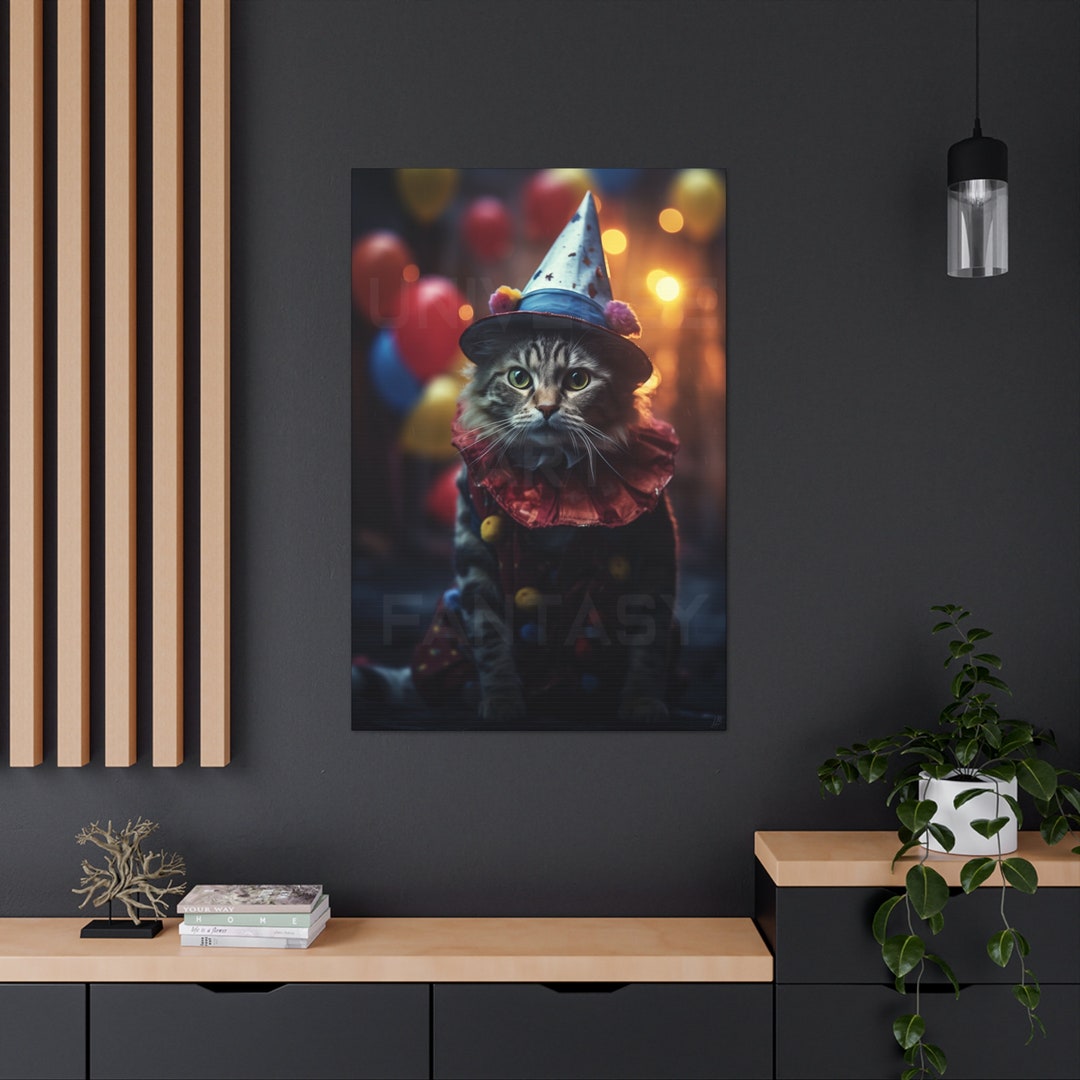 Eerie Clown Tabby Cat Canvas Print - Spooky Halloween Bed Room Art ...