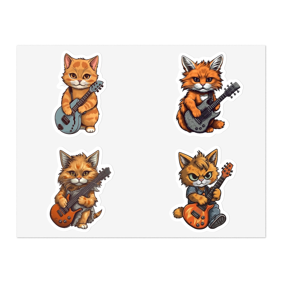 Orange Cat Rockstar Playing Guitar Vinyl Stickers (4 Pack) - Music ...