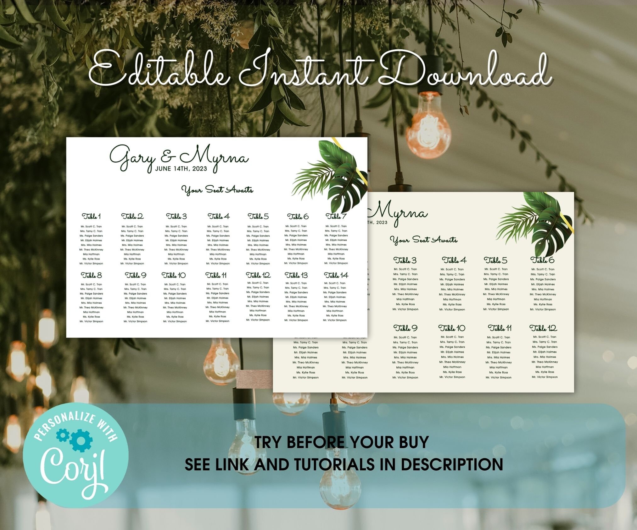 Monstera Leaf Table Seating Chart Template Tropical Wedding Caribbean ...