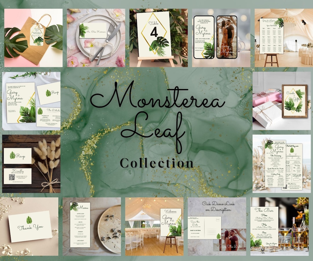 Monstera Wedding Invitation Set Template Bundle Wedding Tropical ...