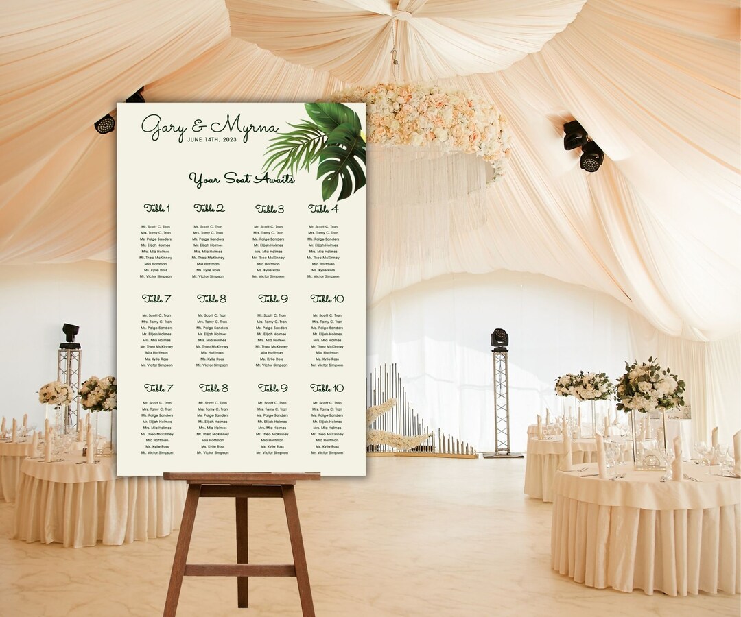 Monstera Leaf Table Seating Chart Template Tropical Wedding Caribbean INSTANT Download Editable ...