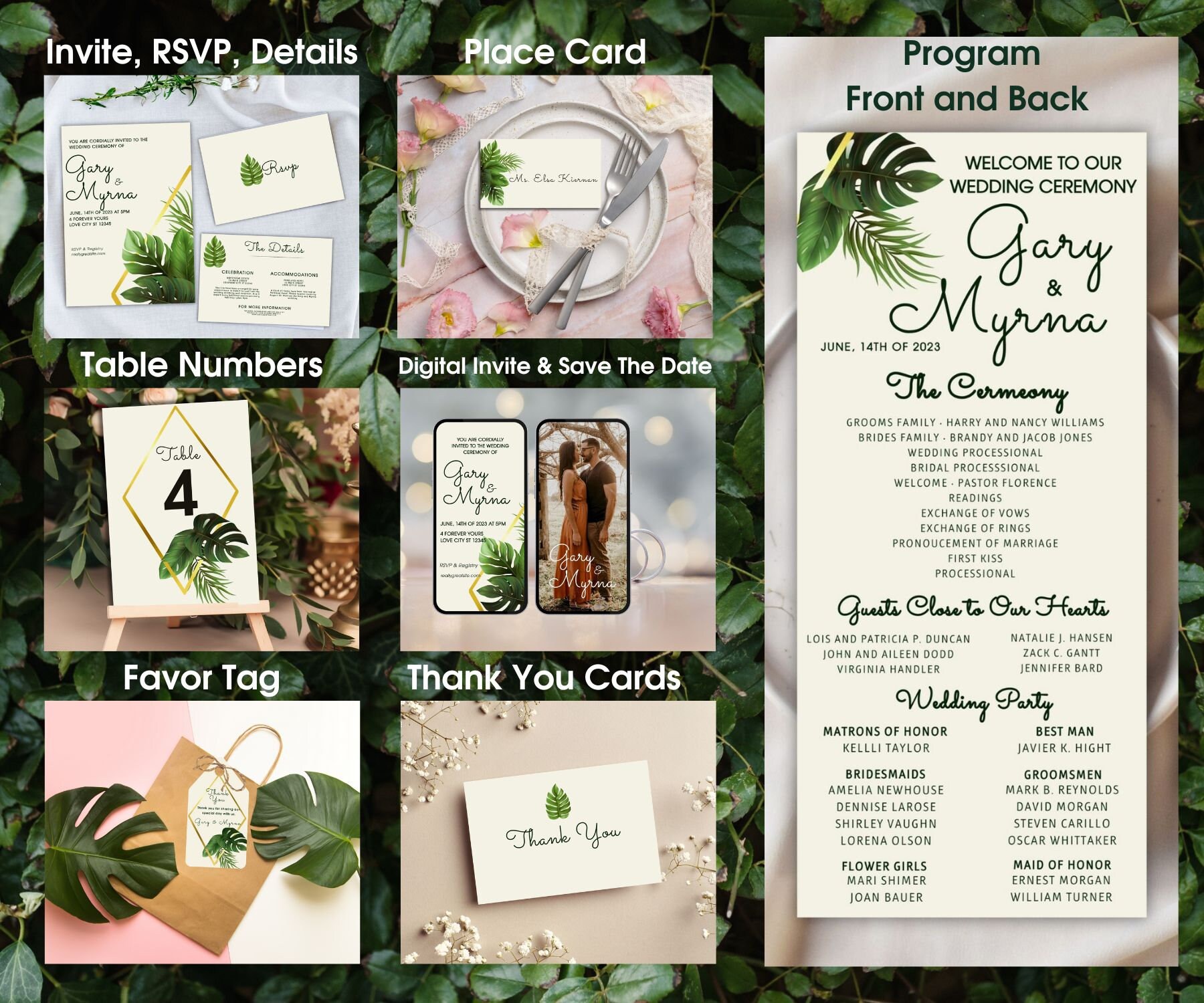 Monstera Wedding Invitation Set Template Bundle Wedding Tropical ...