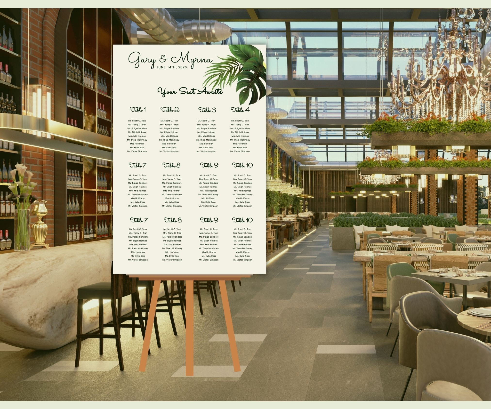 Monstera Leaf Table Seating Chart Template Tropical Wedding Caribbean ...