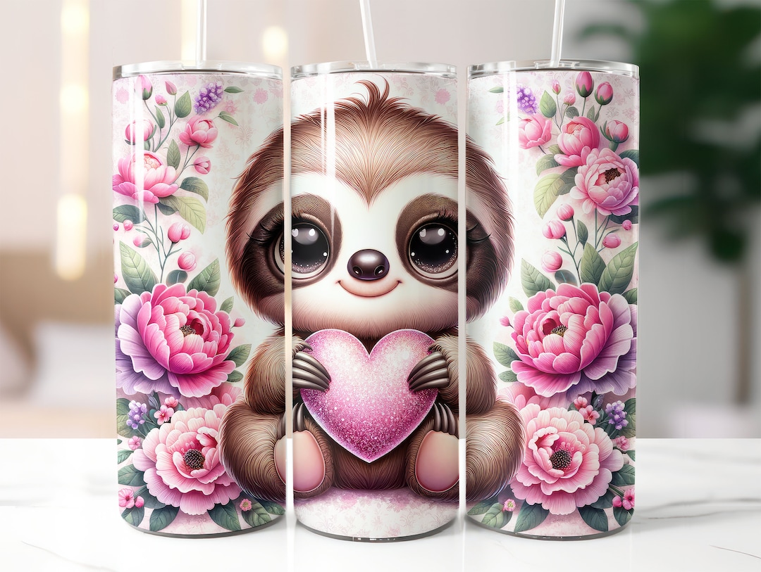 Cute Sloth With Heart 20oz Skinny Tumbler Wrap Thermal Mug Sublimation ...