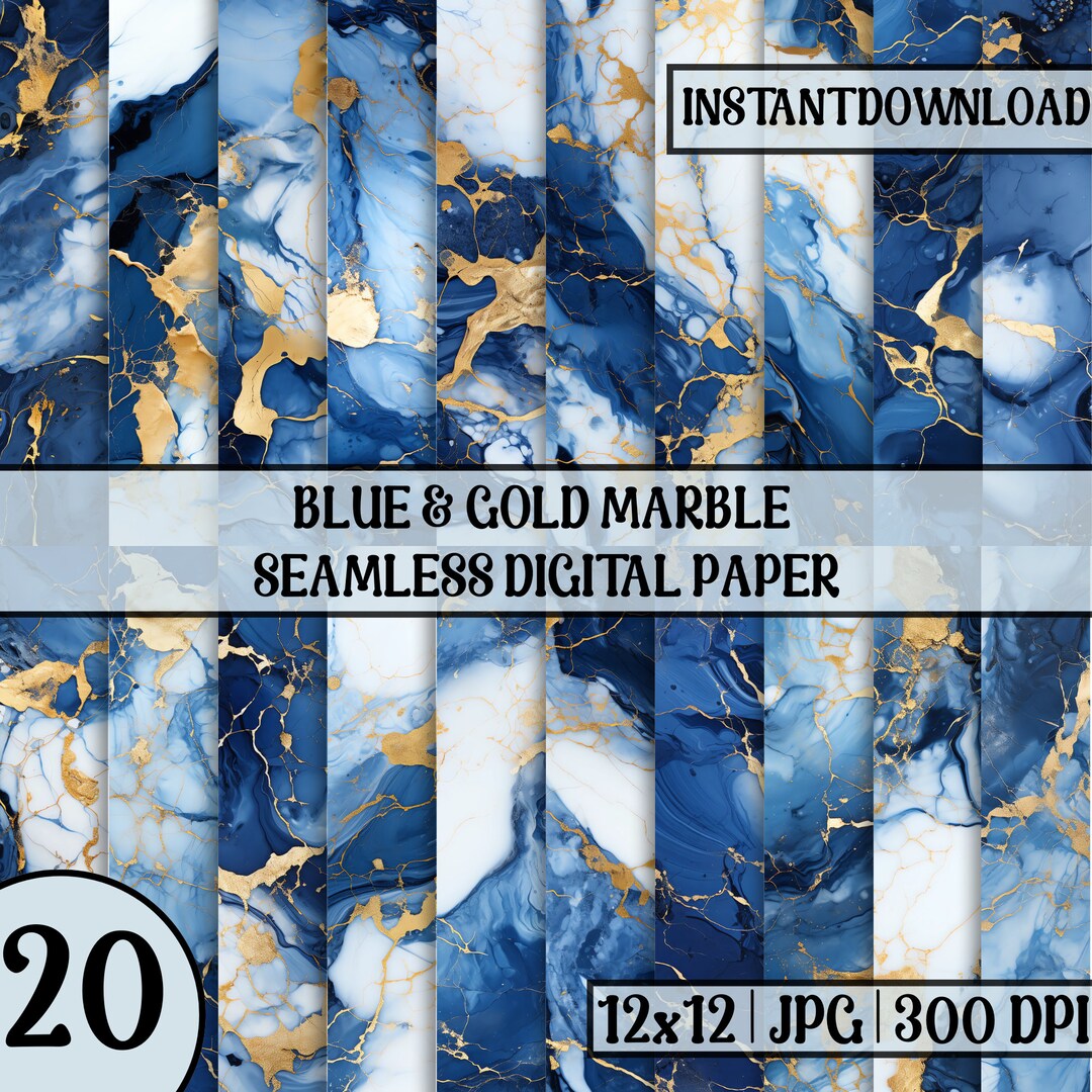 Seamless Digital Paper, Marble Digital Paper, Blue & Gold Marble ...