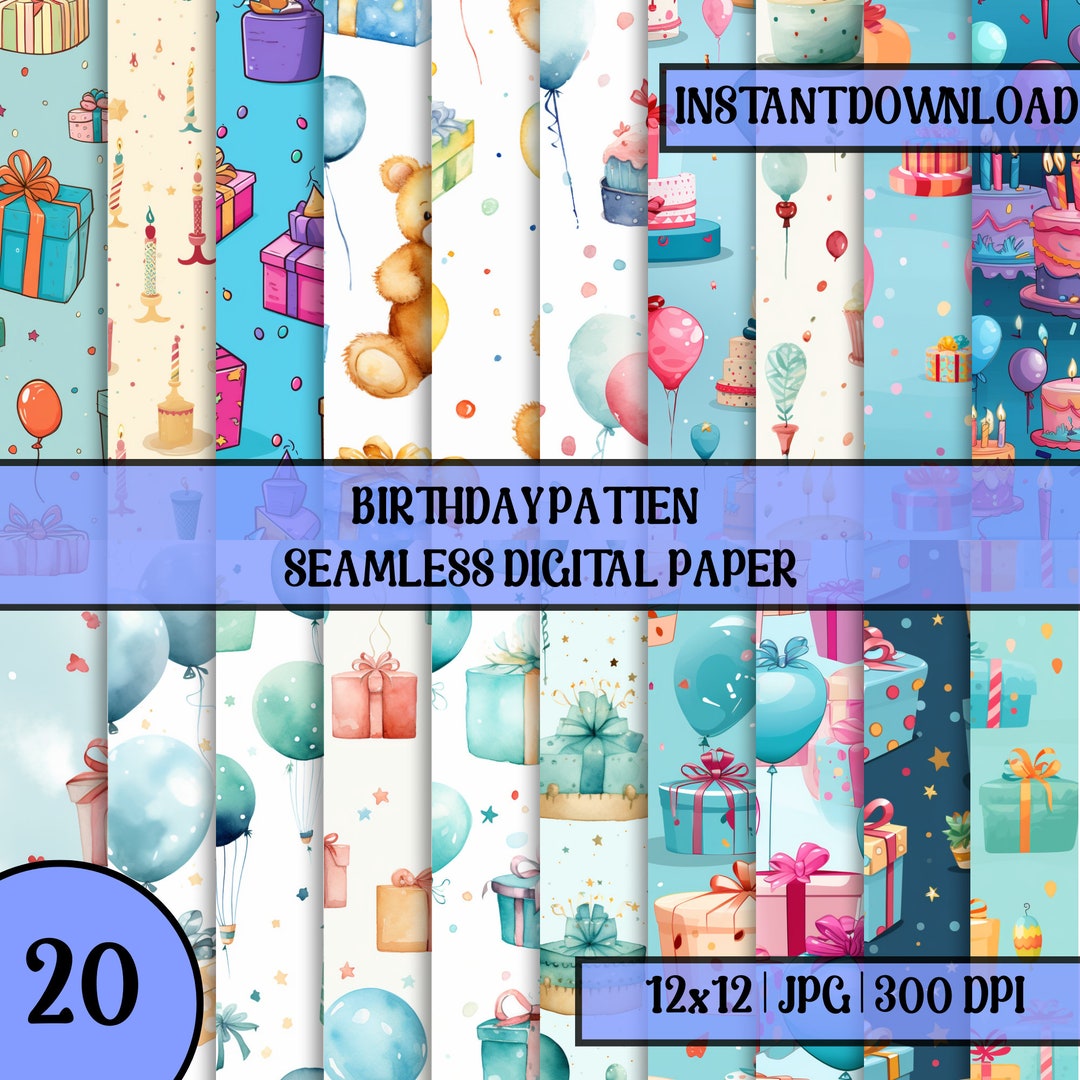 Seamless Digital Paper, Birthday Cake Digital Paper, Party Balloons ...