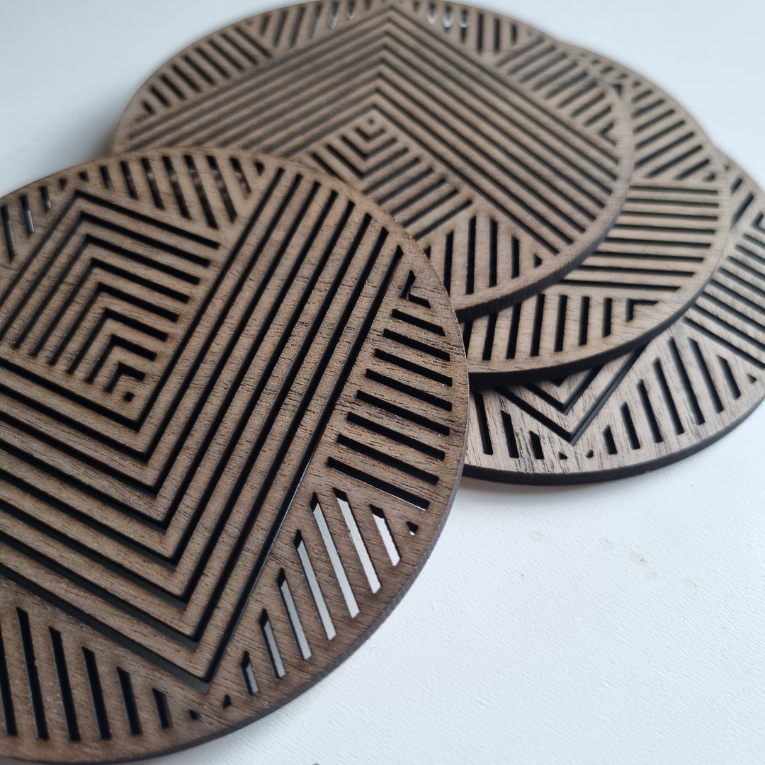 Set of 4 Round Geometric 3D Laser Cut Coaster Pine Walnut Veneer See ...