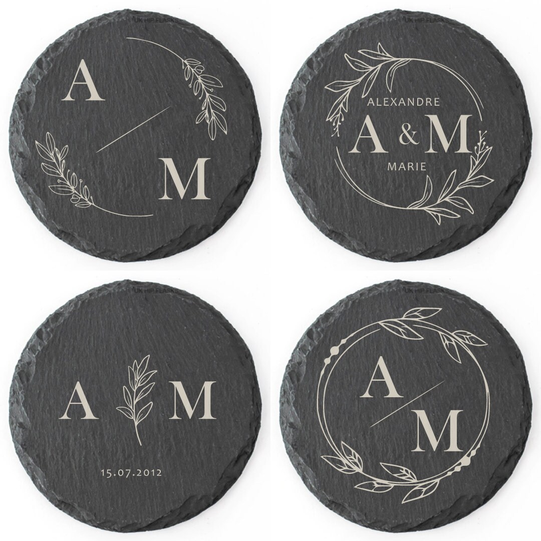 Custom Slate Coaster With Botanical Leaf Design and Initial Name Name ...