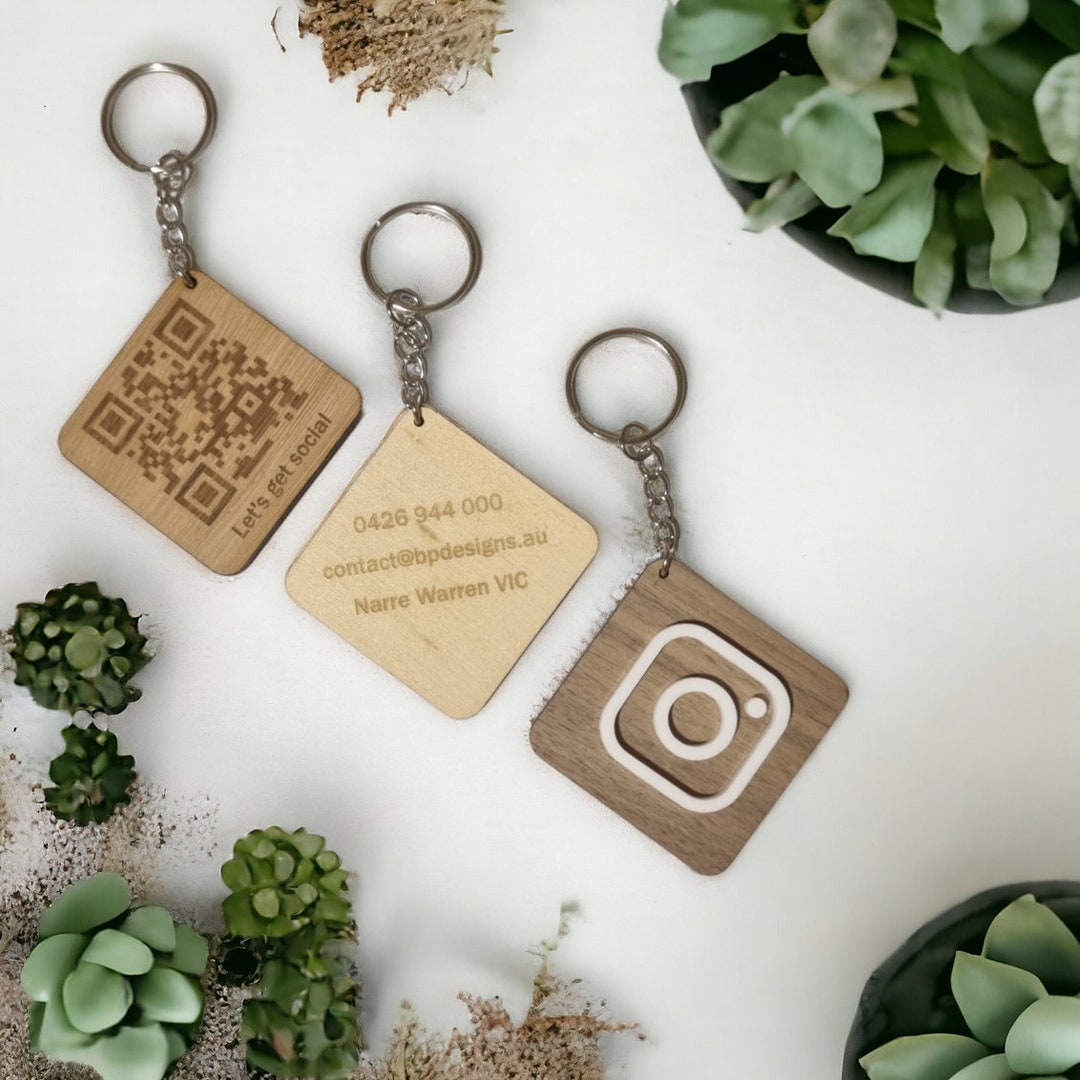 QR Code Keychain Logo and QR Code Keyring on the Go Branding Wood ...