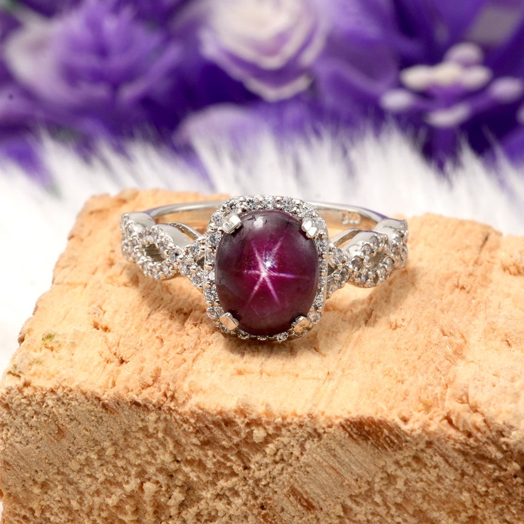 Cabochon Star Ruby Sterling Silver Ring: White Topaz Halo - Etsy