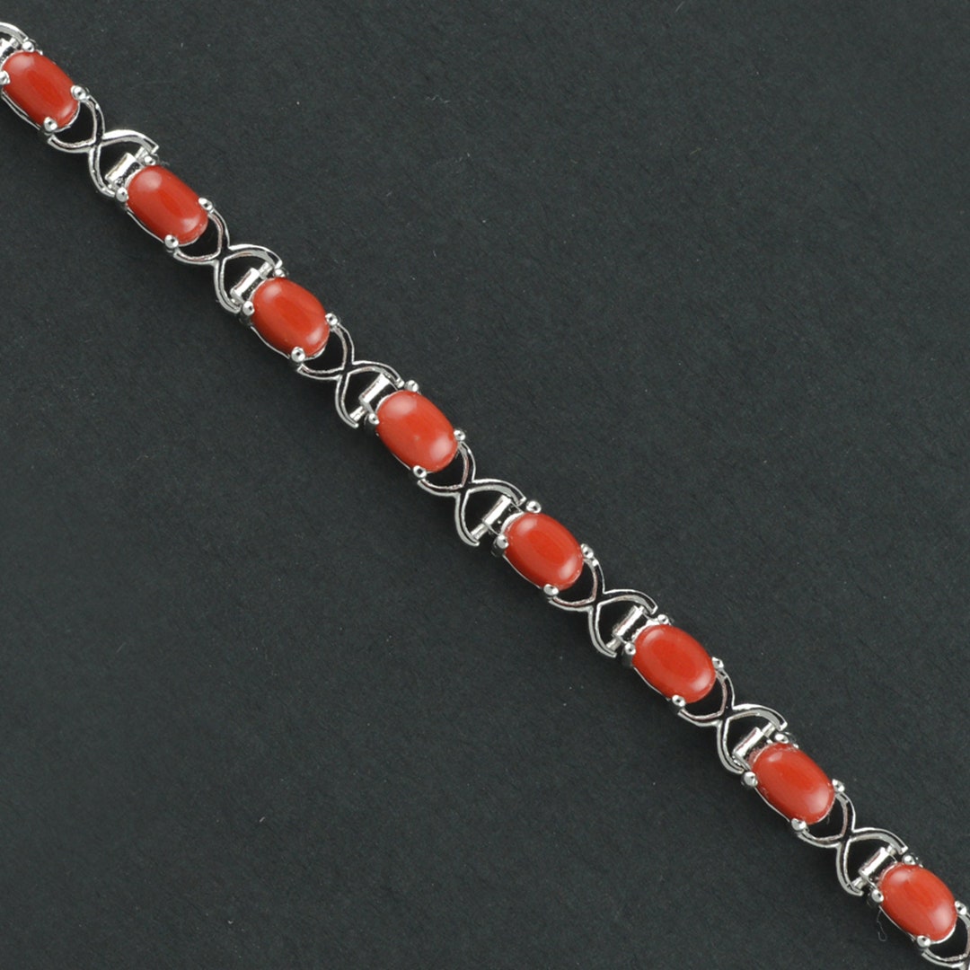 Natural Genuine Coral Silver Bracelet 4x6mm Oval Cut Real Coral Silver ...