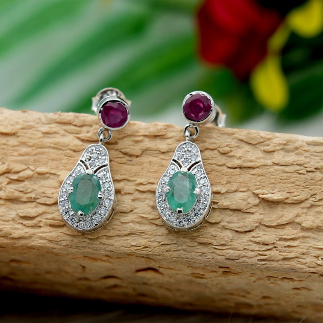 Emerald, Ruby & Topaz Sterling Silver Drop Earrings - Etsy