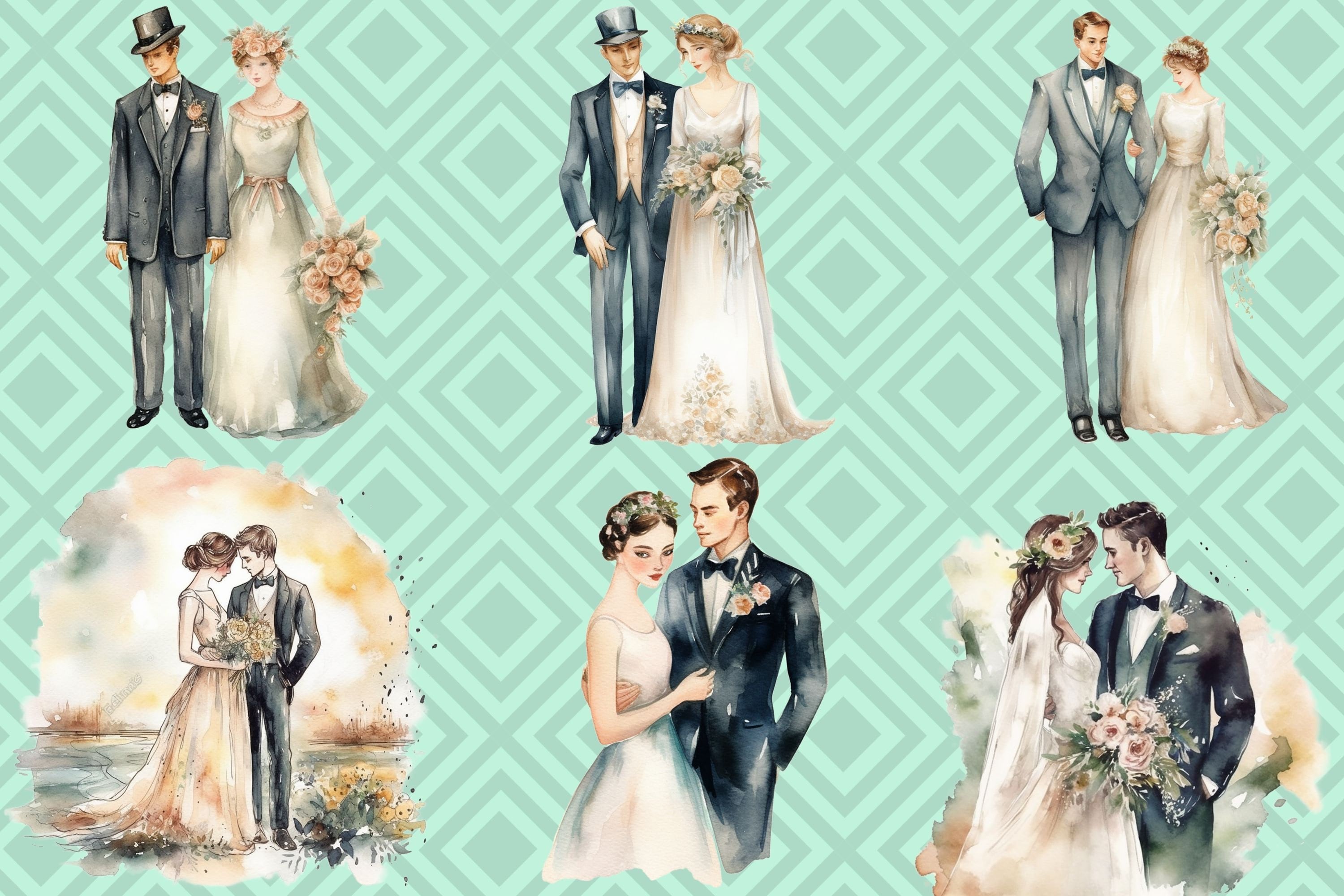 14 Clipart of a Vintage Wedding Scene in Watercolor Style / Featuring a ...
