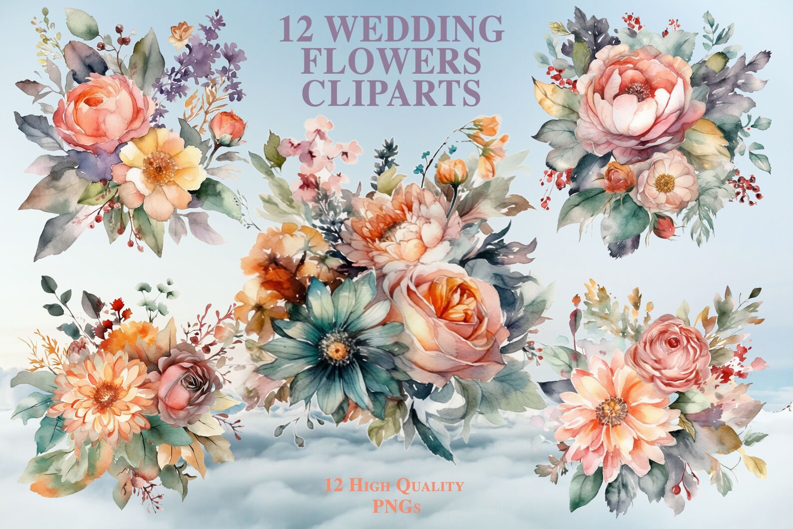 Floral Wedding Clipart Bundle / 12 High-resolution Pngs / Digital ...