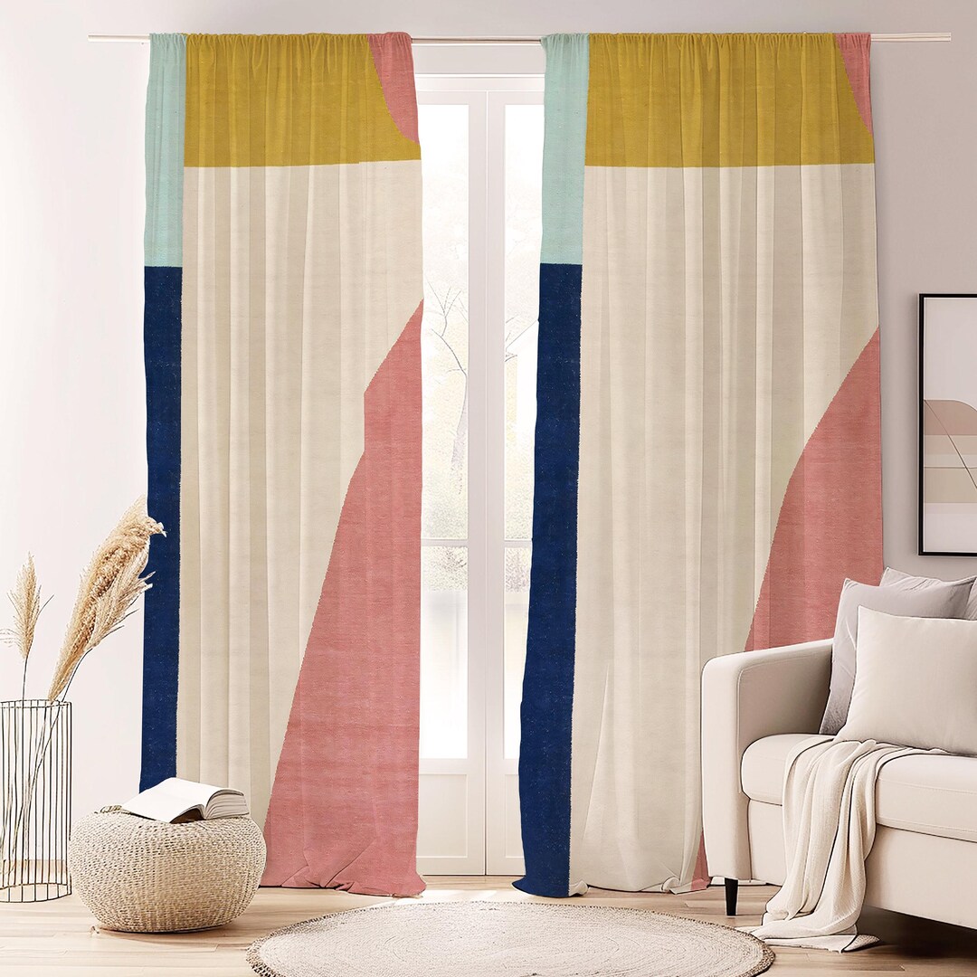 Abstract Shapes Colorblock Curtain-modern Neutral Window Drapes-pink ...
