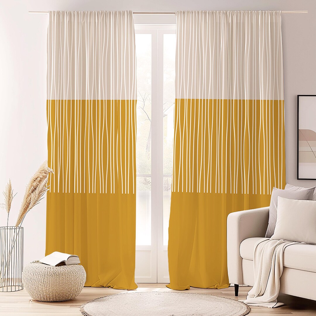 Abstract Vertical Line Curtain: Modern Mustard, Beige Velvet Drapes - Etsy