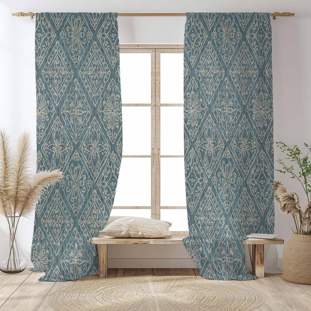 Floral Diamond Curtain, Rustic Blue Thermal Insulated Drapes - Etsy