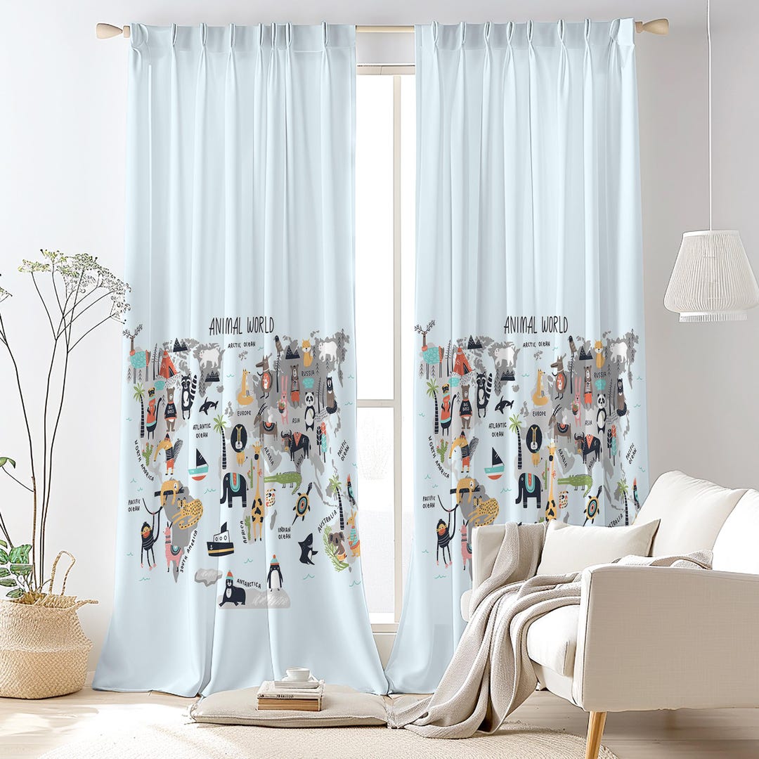 Animal Map Educational Cartoon Curtain-nordic Style Blue Window Drapes ...