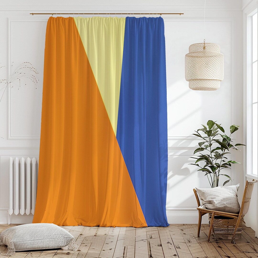 Geometric Tri Color Curtain-mid Century Yellow Window Drapes-blue Kids ...