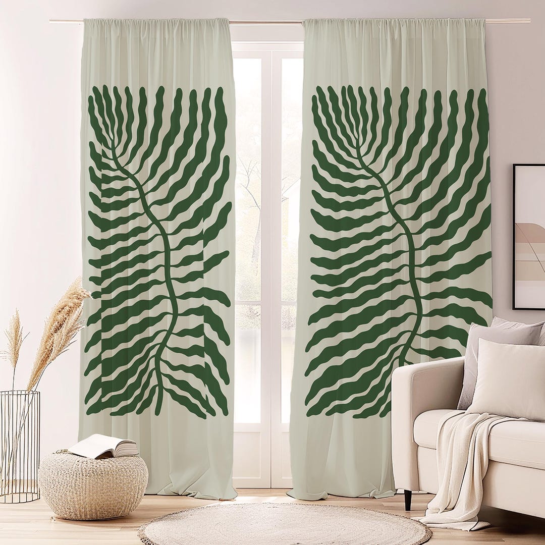 Green Botanical Blackout Curtain – Minimal Leaf Pattern Drapes, Modern ...