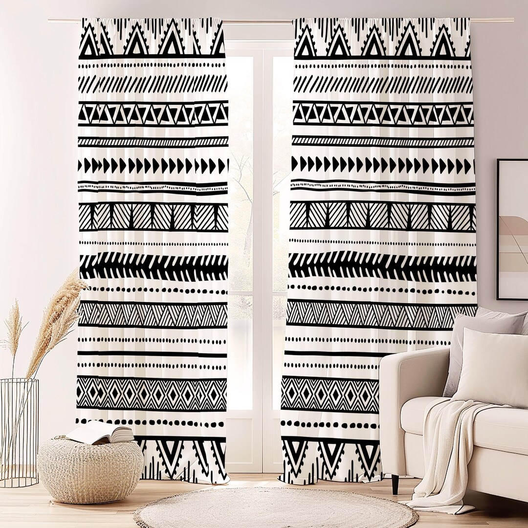 Tribal Geometric Arrows Curtain-scandinavian Black Window Drapes-white ...