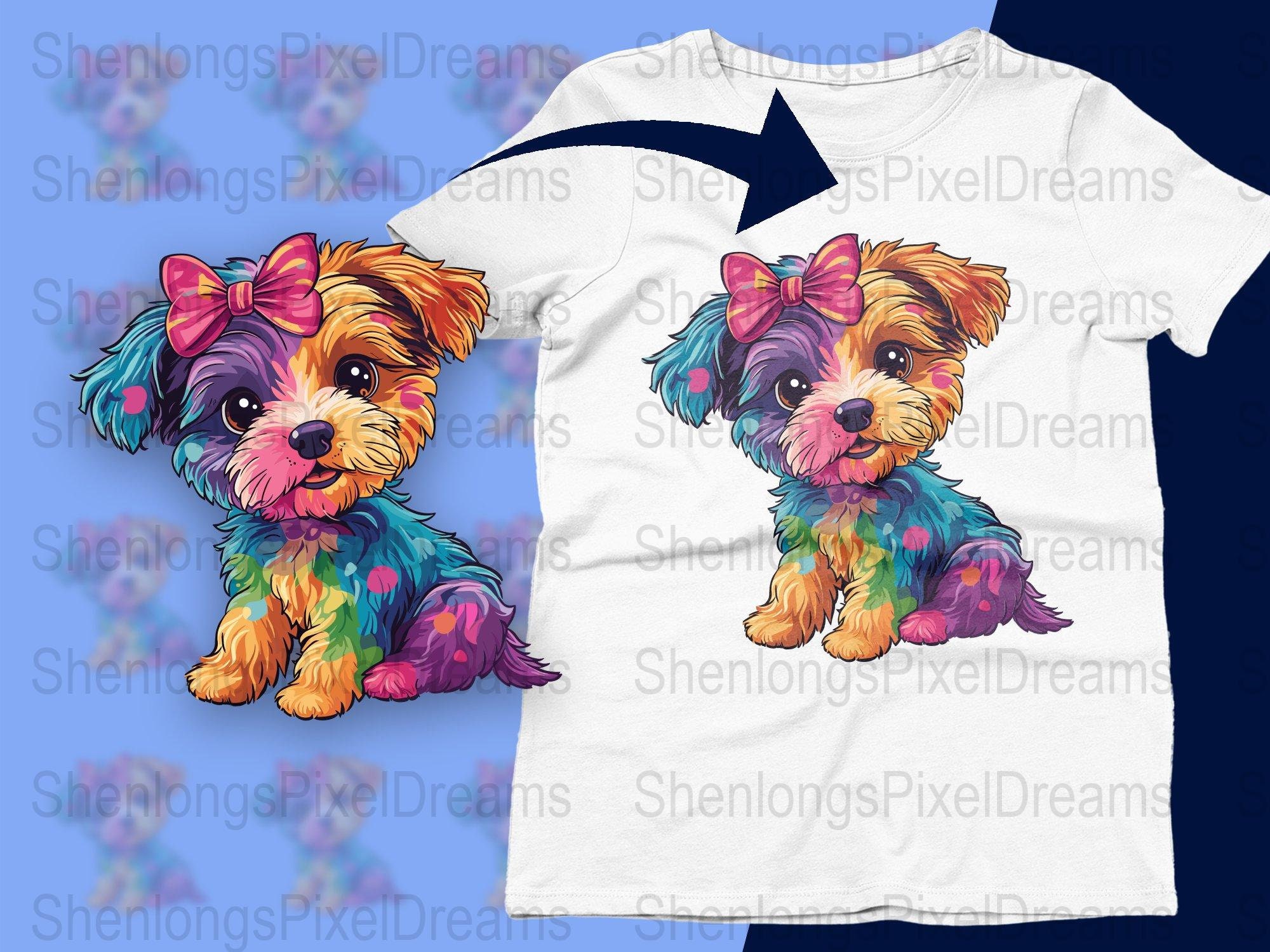 Colorful Yorkie Dog Digital Art, Cute Illustrated Puppy With Bow SVG ...