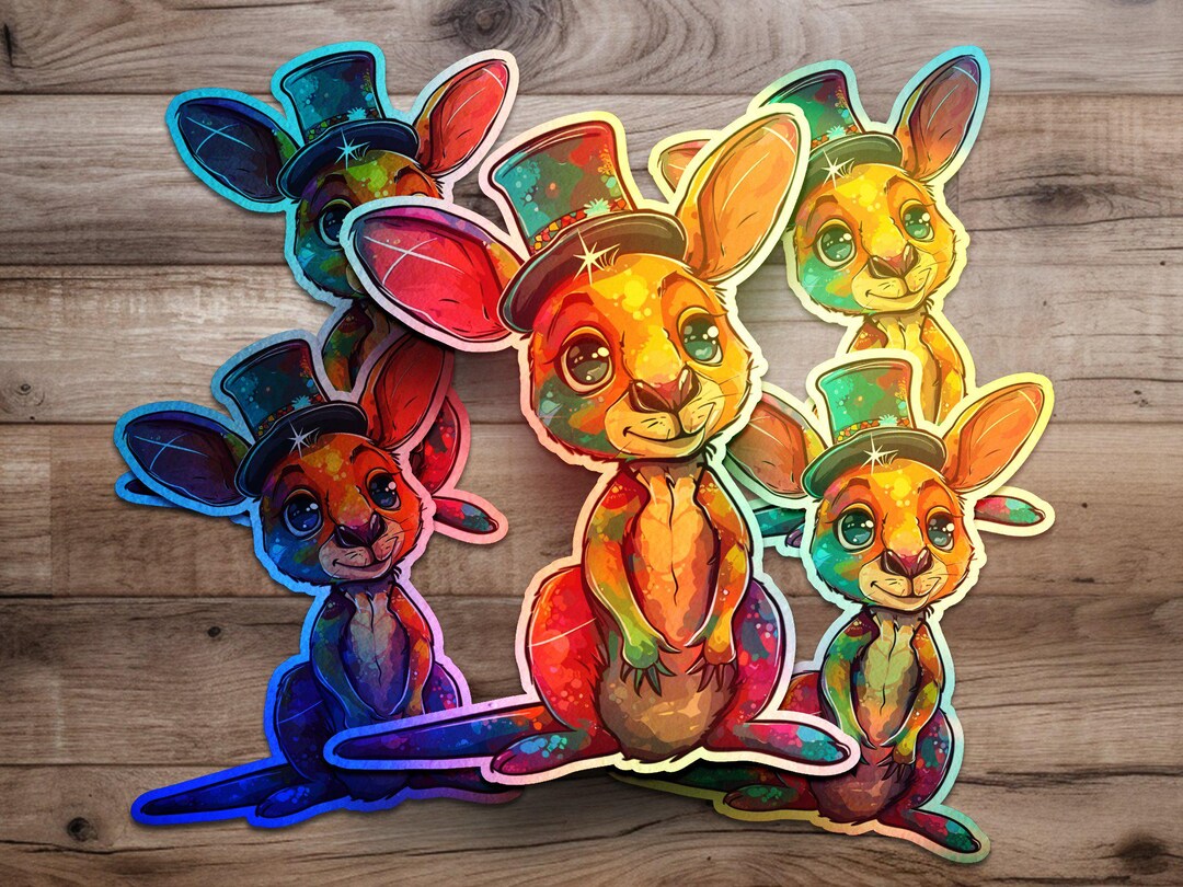 Colorful Kangaroo Art Stickers Pack, Holographic Die Cut Stickers ...