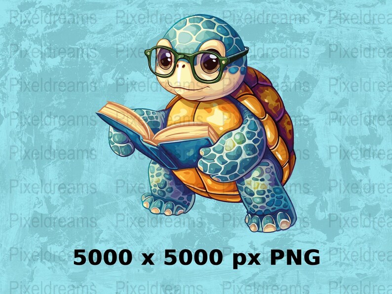 Cute Turtle Reading Book Illustration, Adorable Digital Turtle Art ...