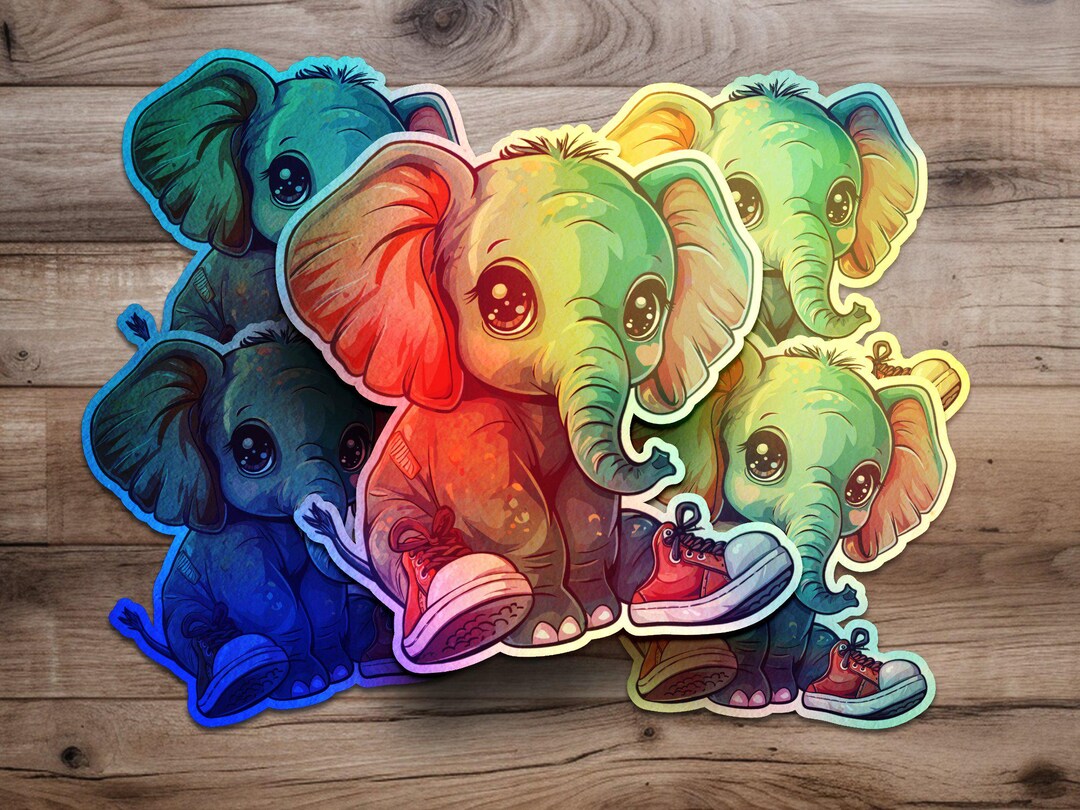 Cute Elephant Stickers Pack, Holographic and Transparent Die-cut, 8 ...