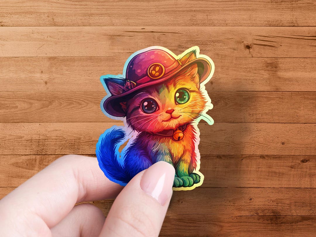 Rainbow Cat Sticker, Cute Kitten Decal, Steampunk Kitty Sticker ...