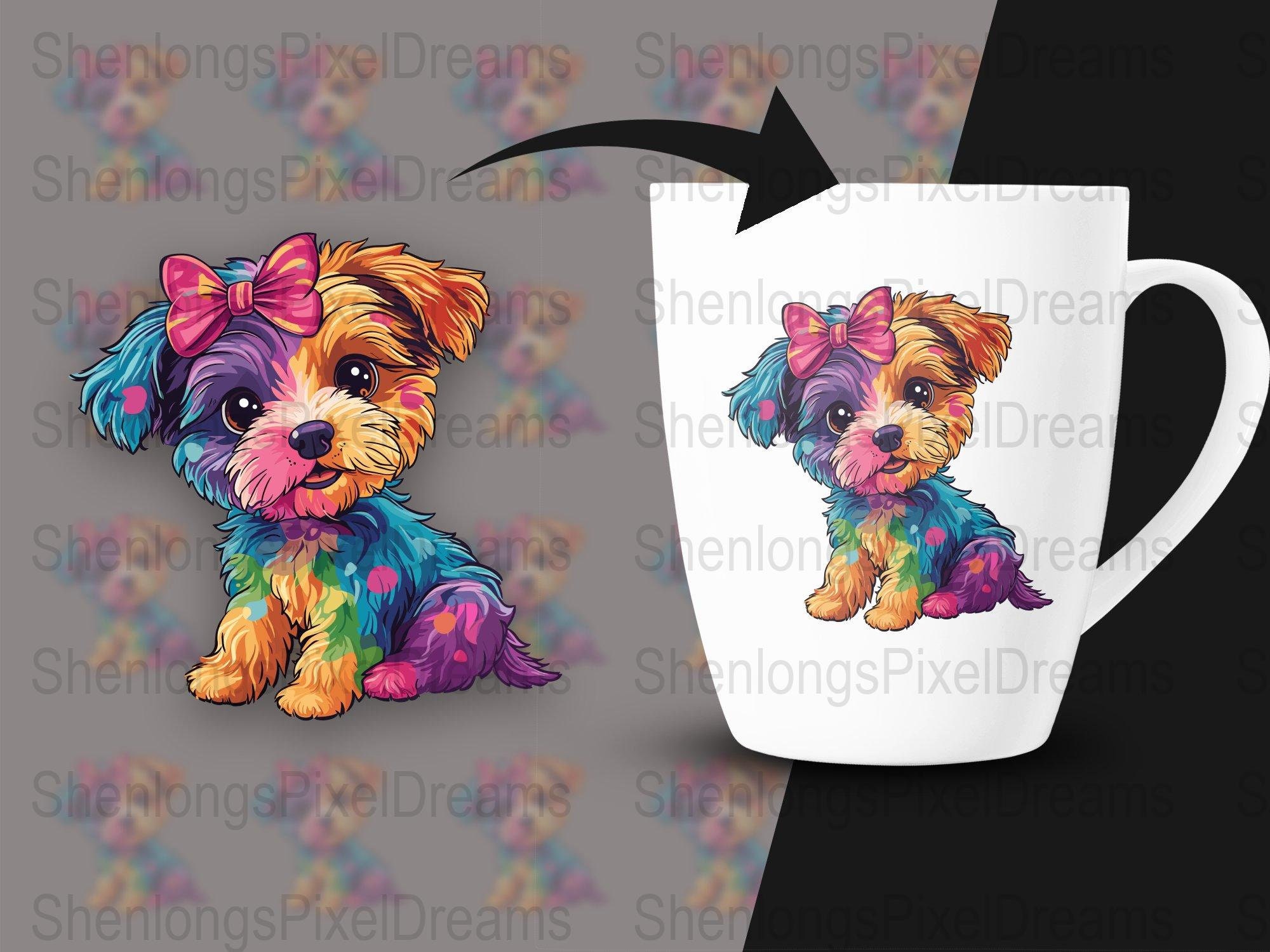 Colorful Yorkie Dog Digital Art, Cute Illustrated Puppy With Bow SVG ...